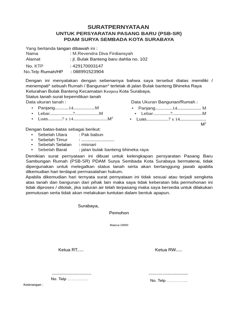 Surat Pernyataan Pengajuan PSB - SR 2024 | PDF