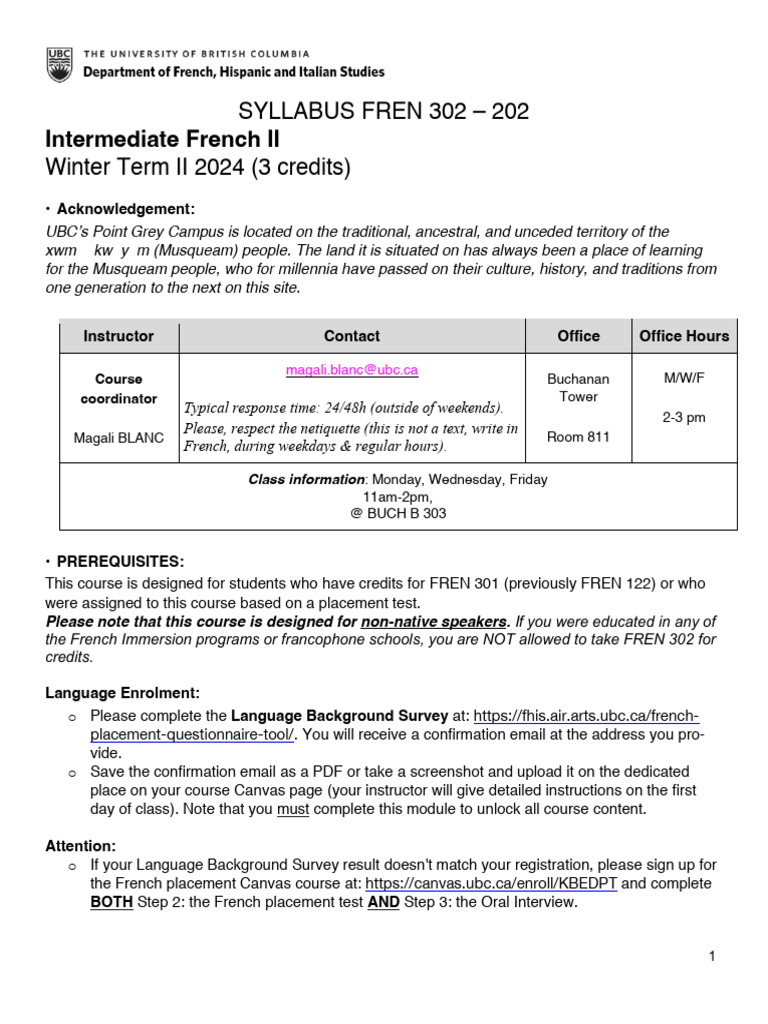 FREN 302-202_Syllabus_2024W2-1 | PDF | Academic Dishonesty | Academic Integrity