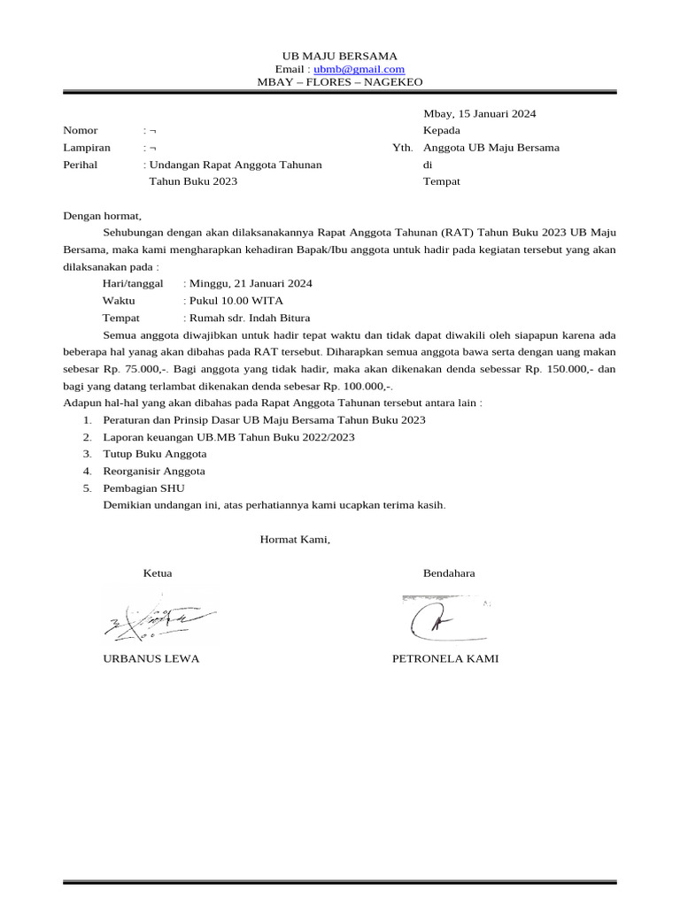 Surat Undangan Rat Ub - MB TB 2023 | PDF