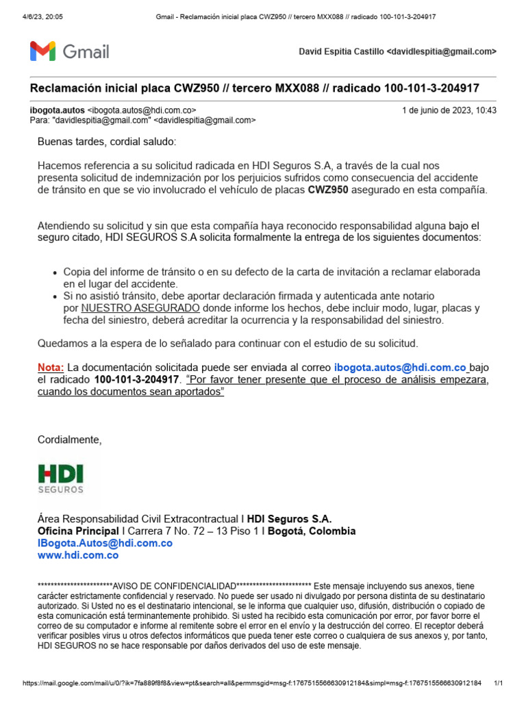 Gmail - Reclamación Inicial Placa CWZ950 - Tercero MXX088 - Radicado 100-101-3-204917 | PDF | Correo