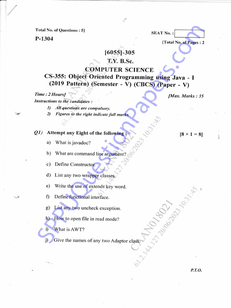 Bsc Computer Science Cs Semester 5 2023 April Object Oriented Programming I Core Java 2019