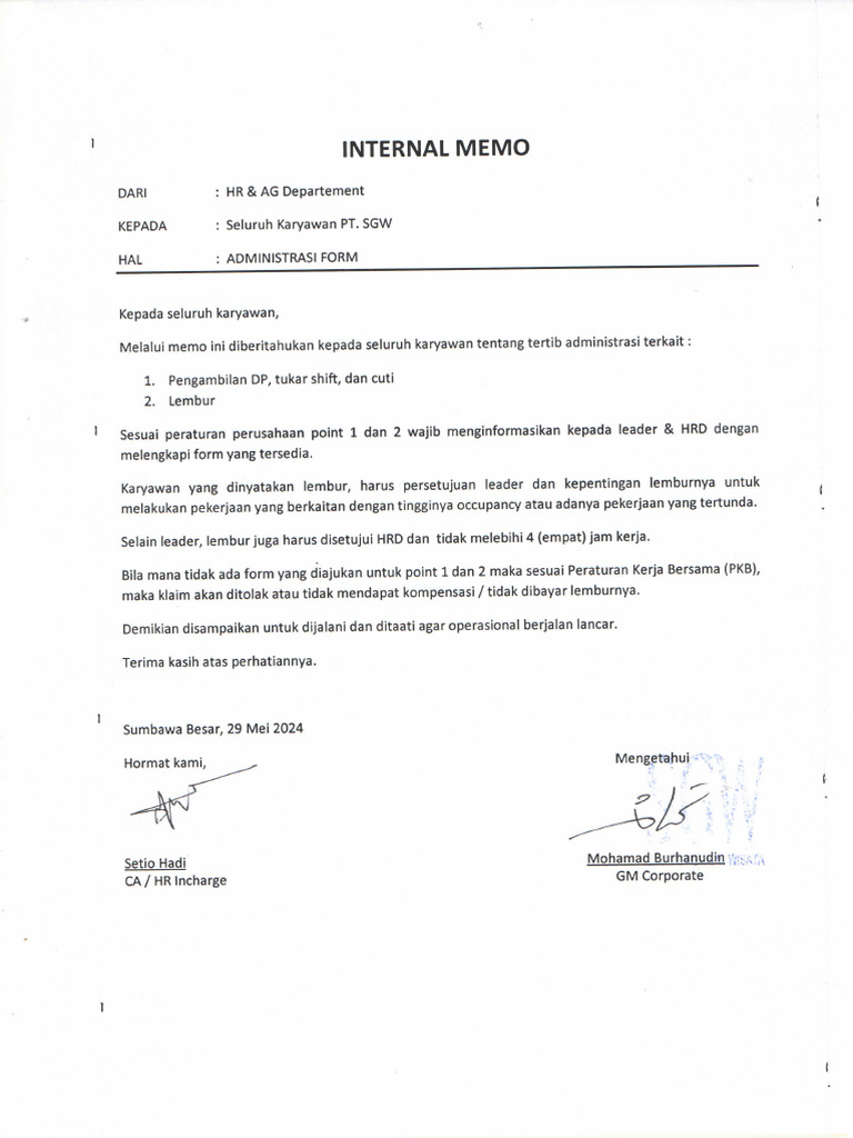 Memo Administrasi Form Libur Dan Lembur | PDF