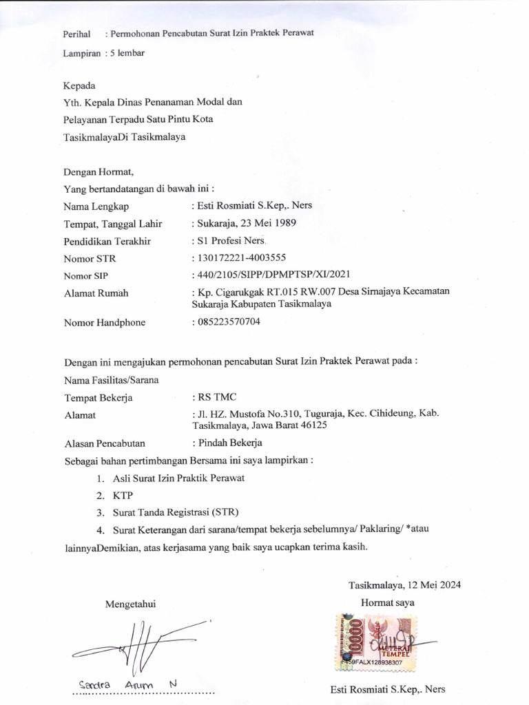SURAT PERMOHONAN PENCABUTAN SIP ESTI | PDF