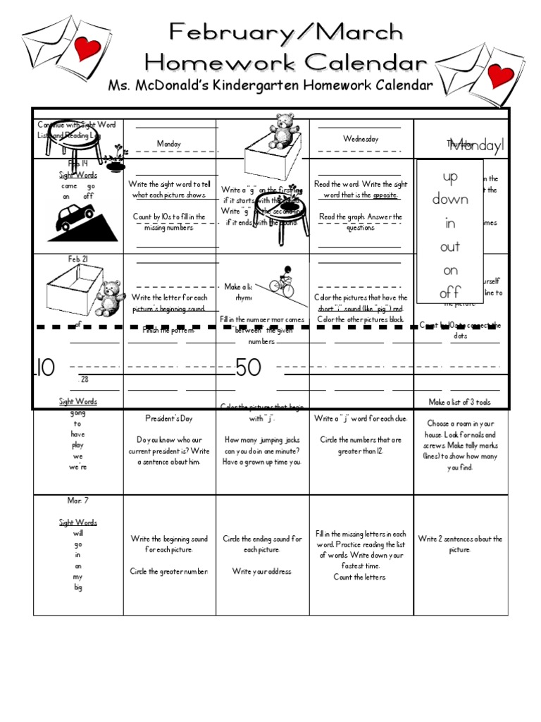 Kindergarten Homework Calendar | PDF