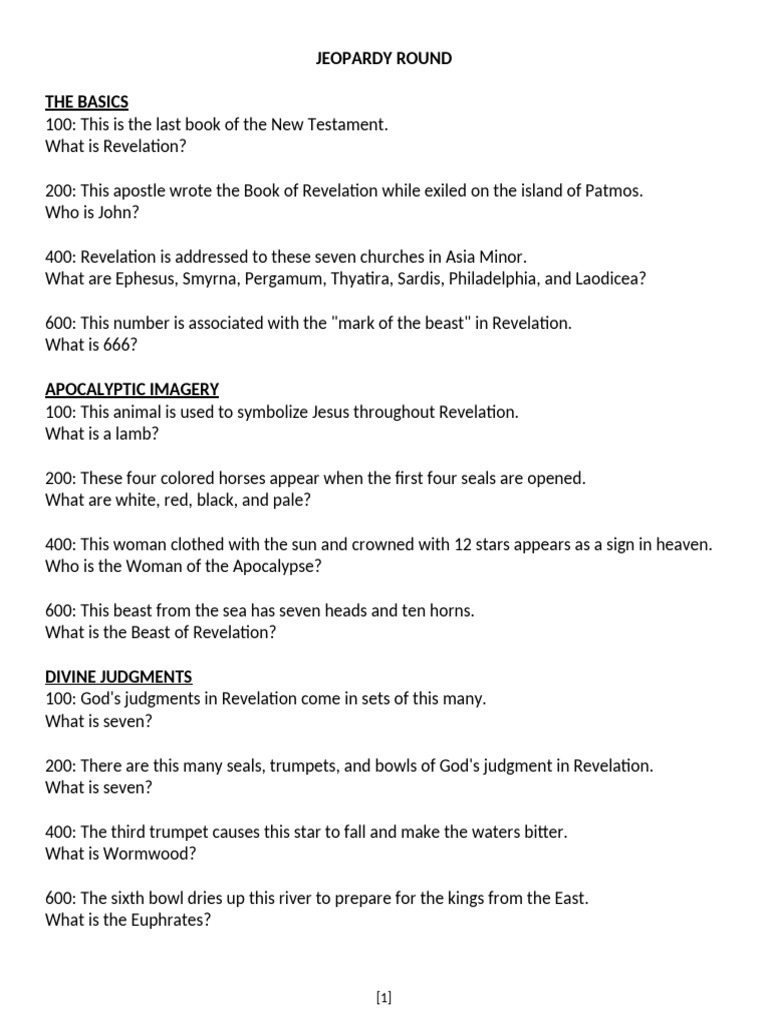 Revelation Jepoardy Questions | PDF | Book Of Revelation | Religious ...