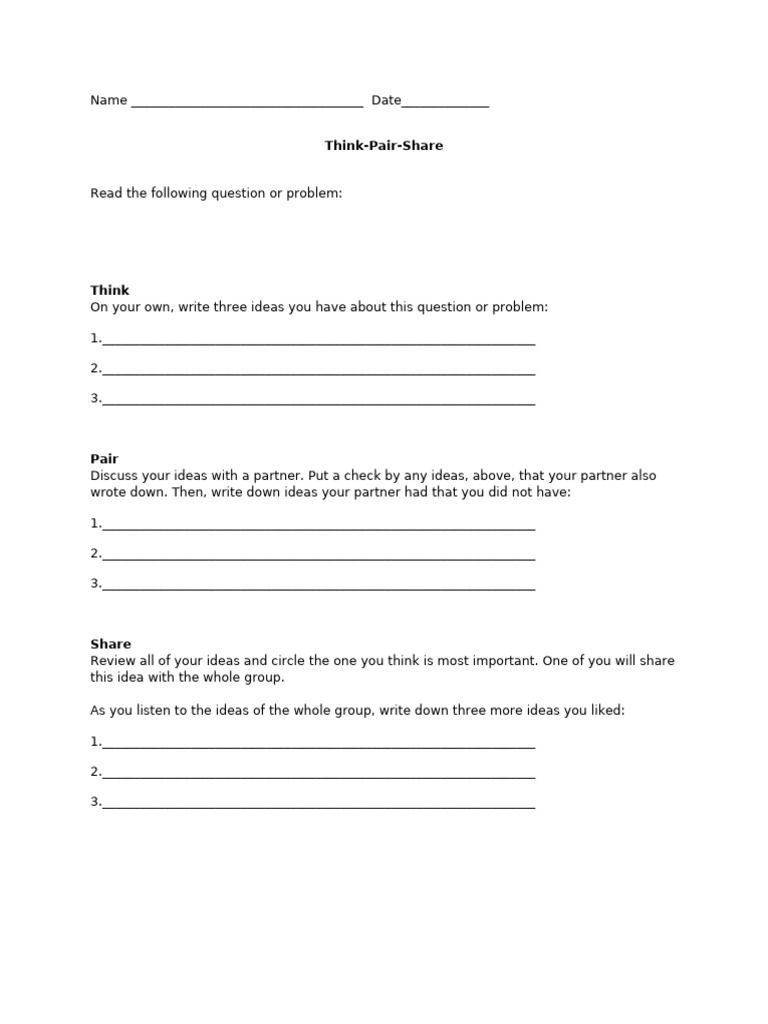 Think, Pair, Share Template Sec | PDF