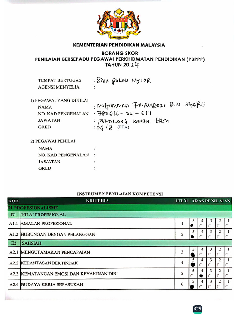borang skor PBPPP FAKRUROZI | PDF