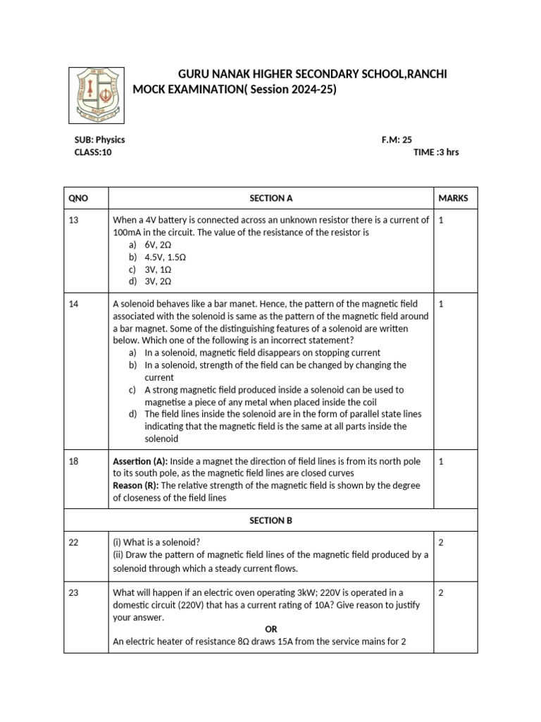 Class 10 Mock Examination Physics Question Paper - JP | PDF ...