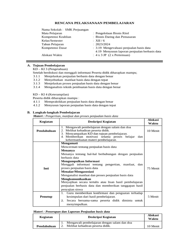 RPP 9 Penjualan Berbasis Data | PDF