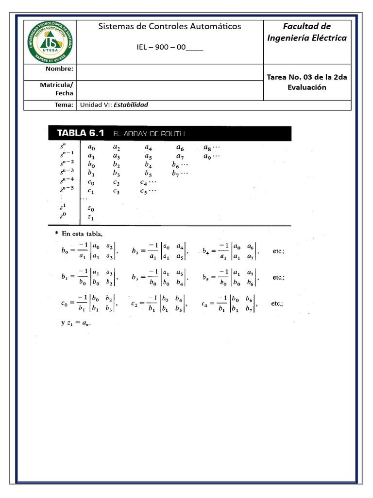 Controles Automáticos, Tarea No. 03, 2da Evaluación. Unidad VI ...
