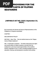 Republic Act No. 12021 - The Magna Carta of Filipino Seafarers | PDF | Employment | Insurance