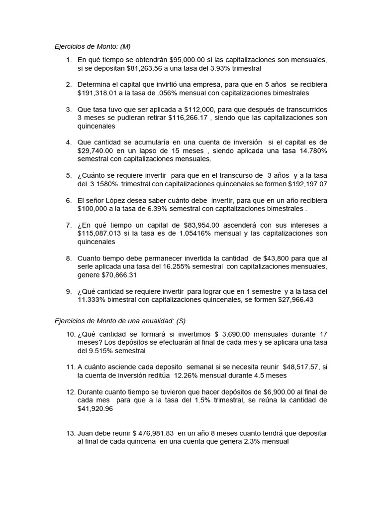 Ejercicios de Monto y Anualidades Financieras | PDF | Hipotecas | Interés