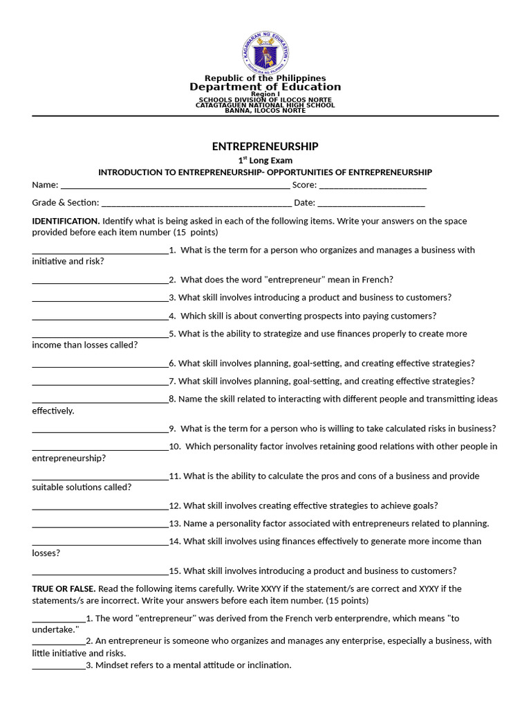 Entrepreneurship Exam for Students | PDF | Entrepreneurship