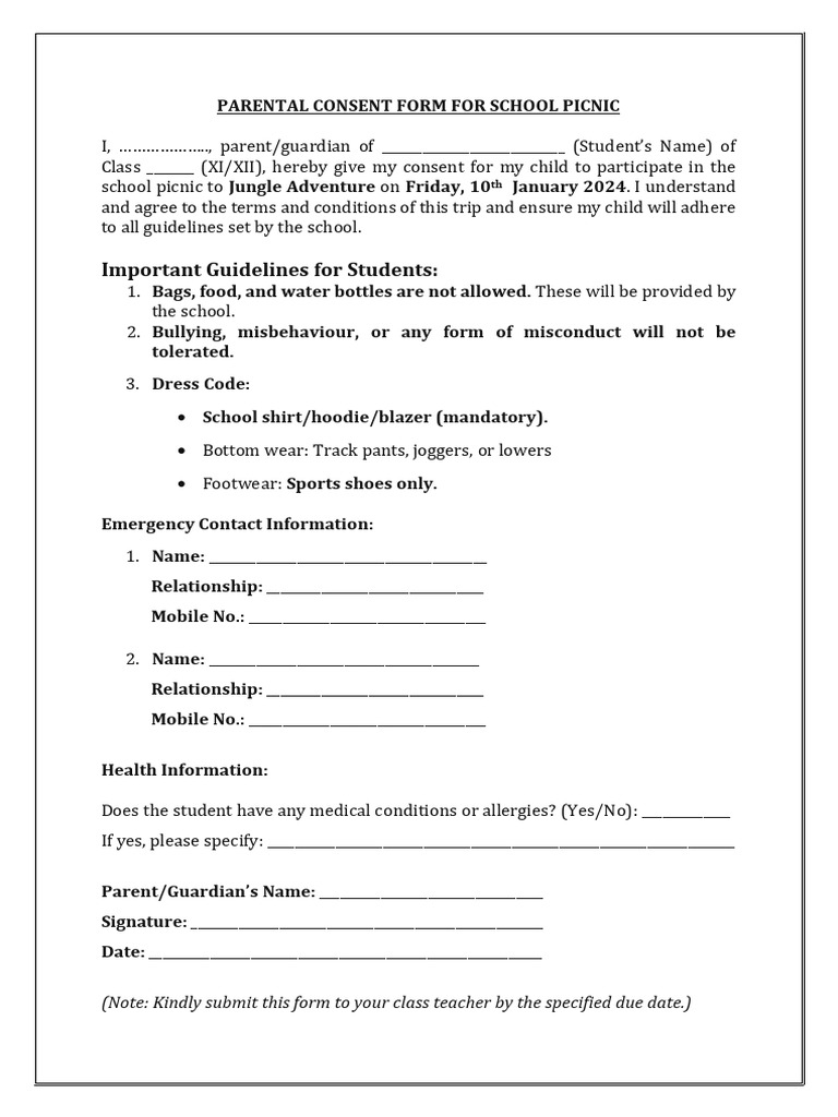 Parent Consent Form for School Picnic | PDF