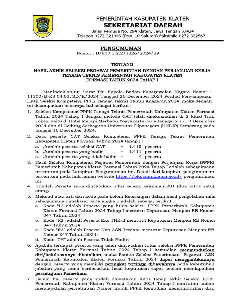 Pengumuman Hasil Akhir Seleksi PPPK Tenaga Teknis Tahap I Formasi 2024 | PDF