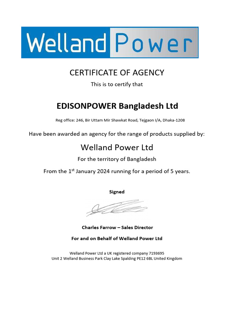 Certificate of Agency 2024 To Edison Power For Tender No 1003026 | PDF