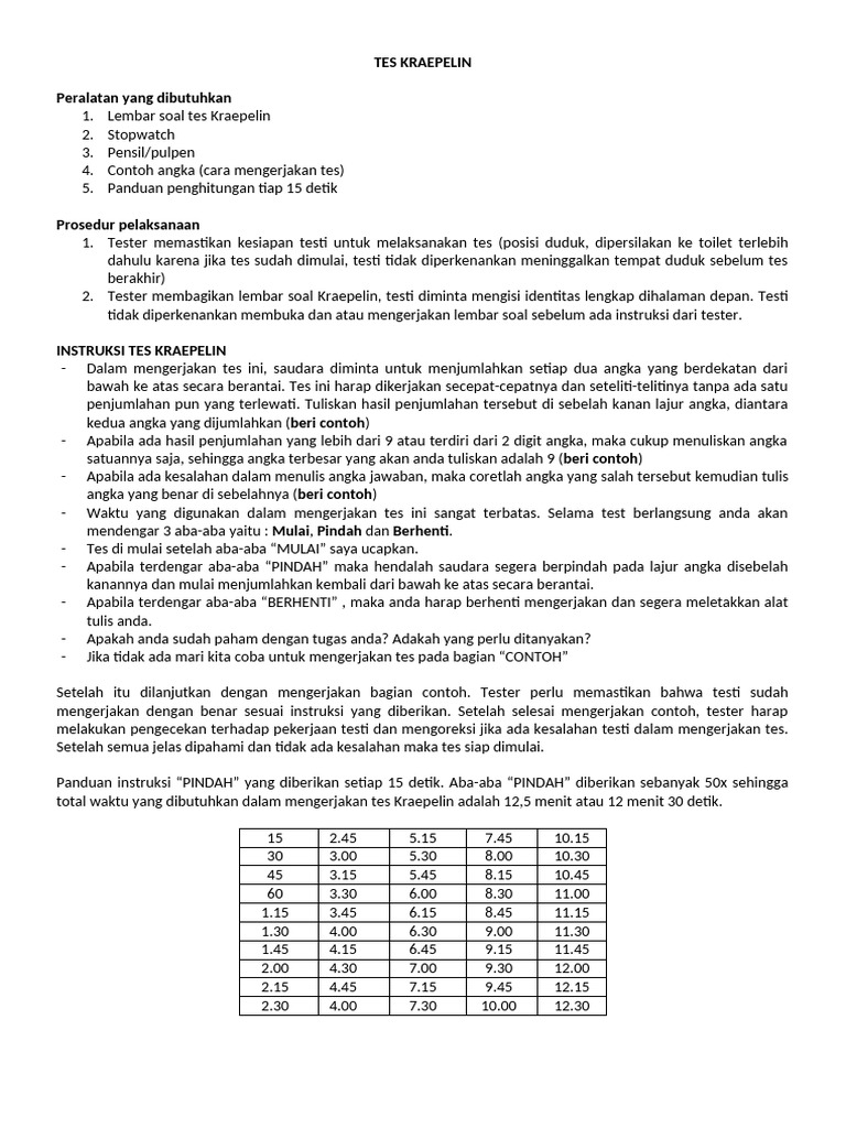 TES KRAEPELIN - Kesiapan & Instruksi | PDF