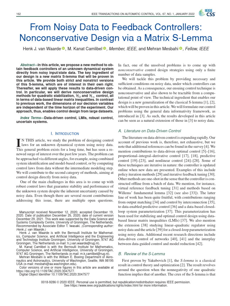 From_Noisy_Data_to_Feedback_Controllers_Nonconservative_Design_via_a_Matrix_S-Lemma | PDF ...