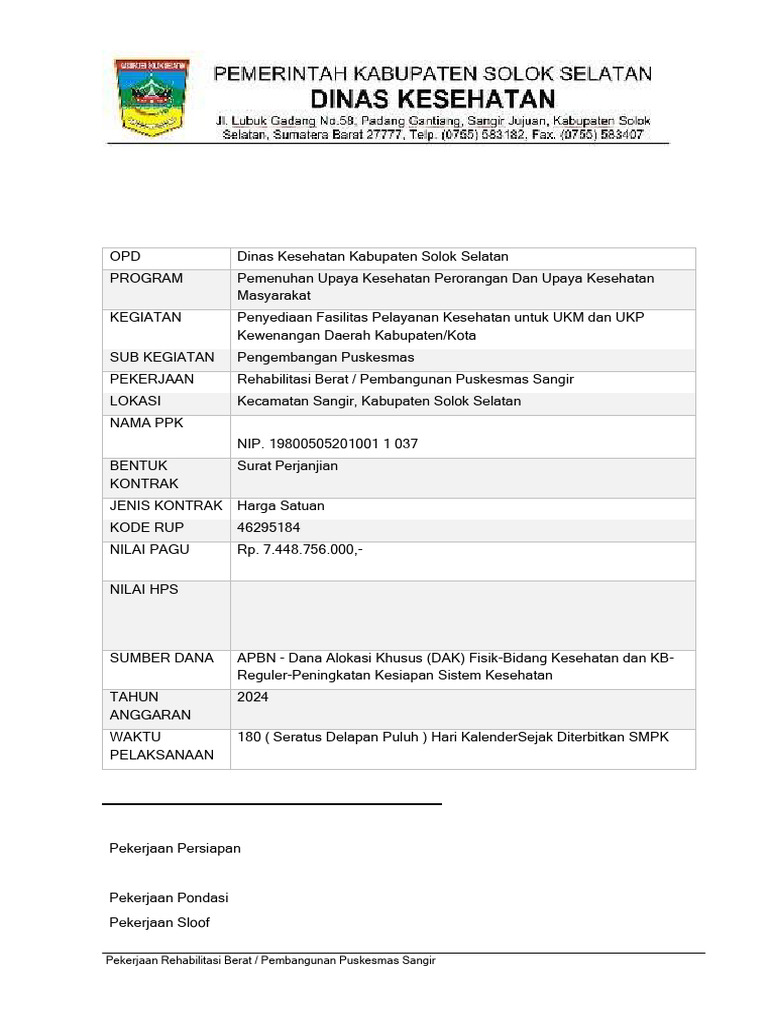 Spesifikasi Teknis Dan Rks Puskesmas Sangir Ok Rev | PDF