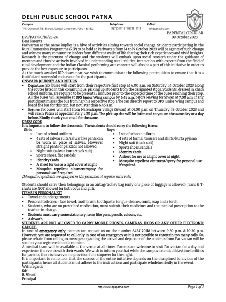 Rural Immersion Programme 14 October 19 October23 Parental Circular ...