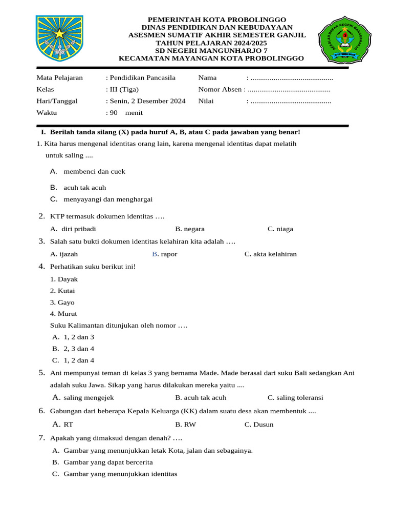 Soal SAS Pendidikan Pancasila Kelas 3 | PDF