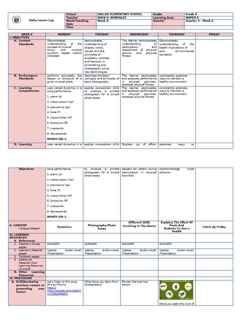 DLL_MAPEH_Q3_W6 | PDF | Learning