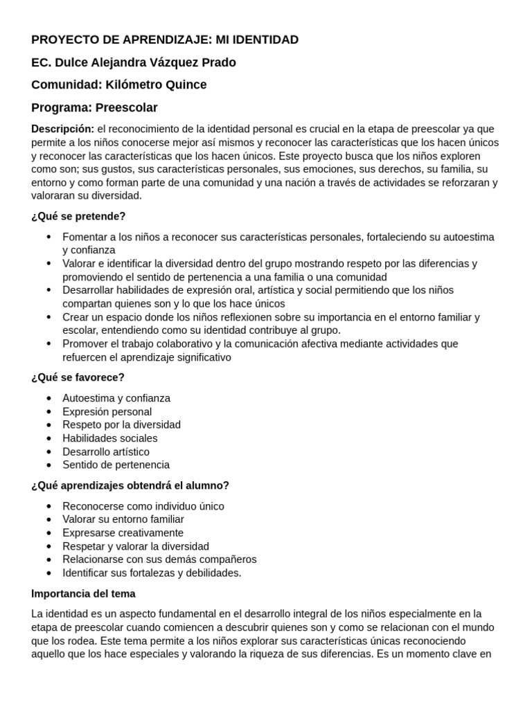 Proyecto Mi Identidad Infantil | PDF | Educación de la primera infancia ...