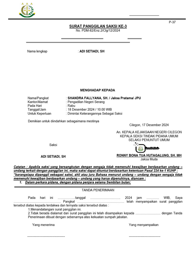 P-37 20250107 Panggilan Saksi TRIWIYOGI Bin LEGIMAN (Alm) | PDF