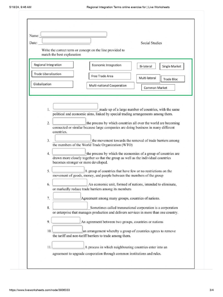 Regional Integration Terms Online Exercise For - Live Worksheets | PDF