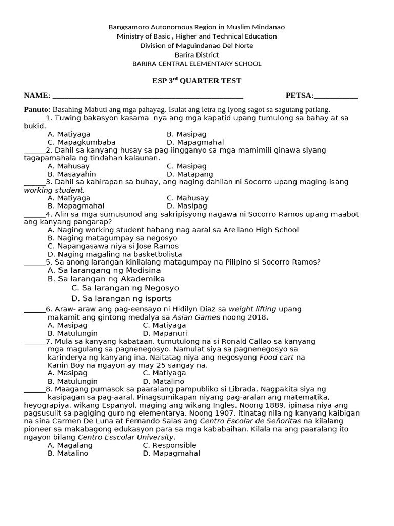 3rd Quarter ESP EXAM | PDF