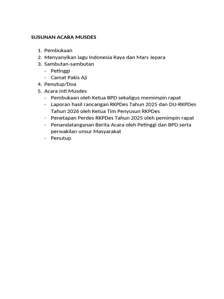 Susunan Acara Musdes Penetapan Rkpdes | PDF