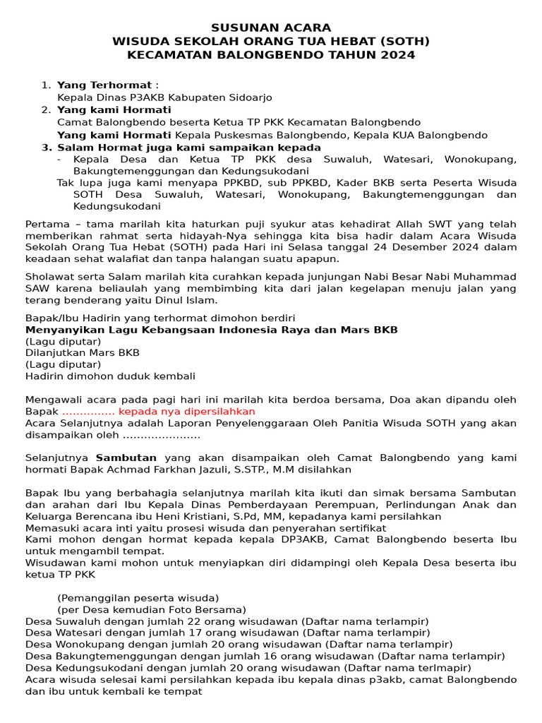 Susunan Acara Wisuda SOTH 2024 | PDF