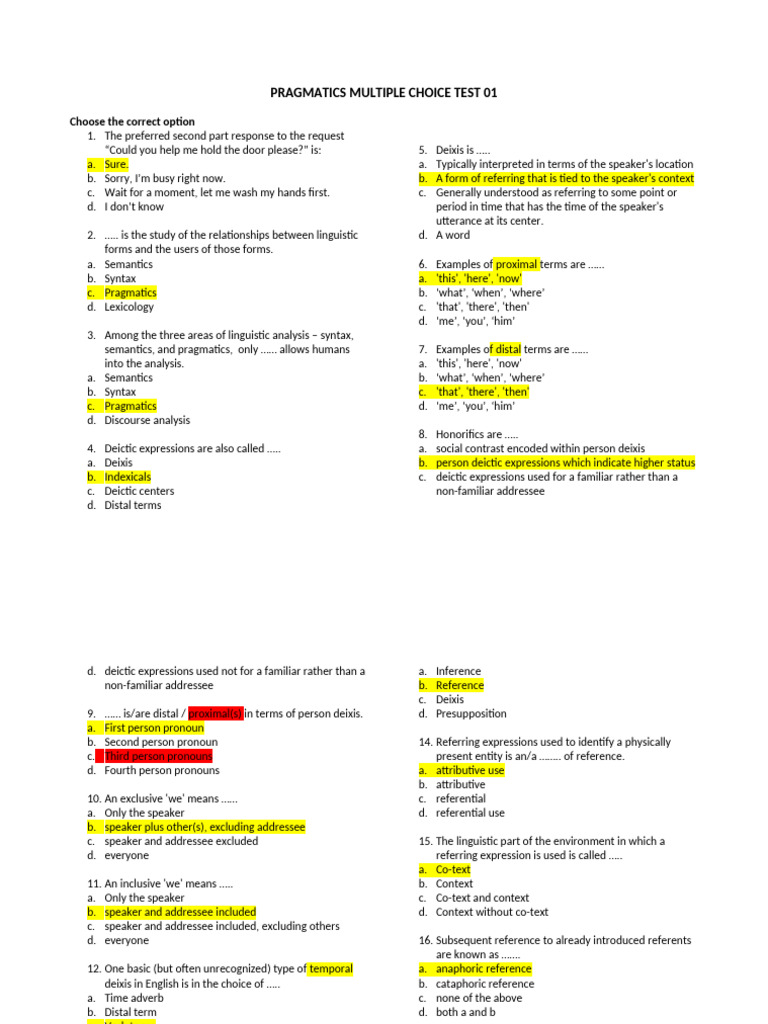 Pragmatics Multiple Choice Test 01 | PDF | Language Mechanics | Human ...