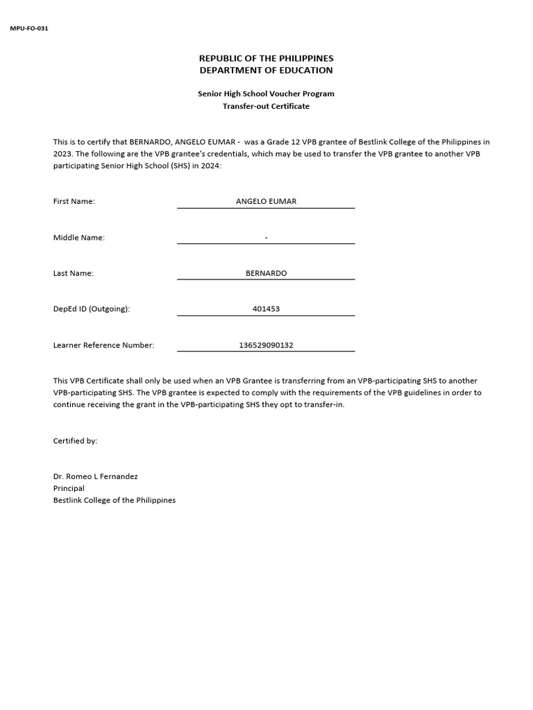 Certificate - BERNARDO, ANGELO EUMAR | PDF