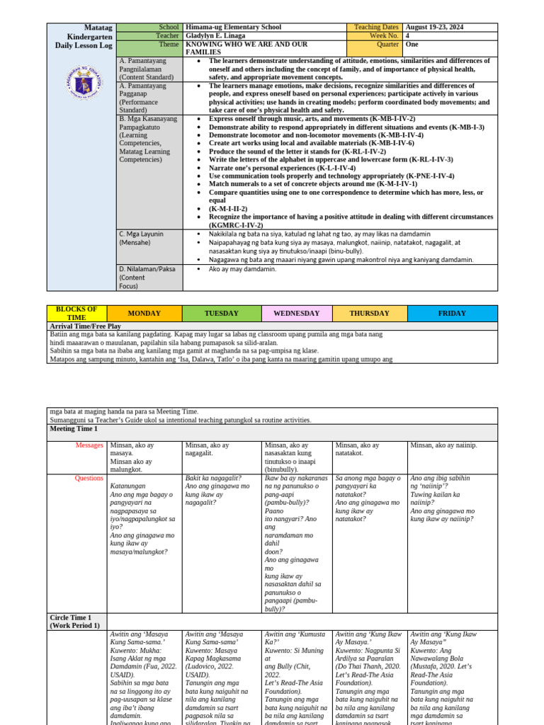 Q1-Week 4 Kindergarten-DLL-MATATAG- | PDF