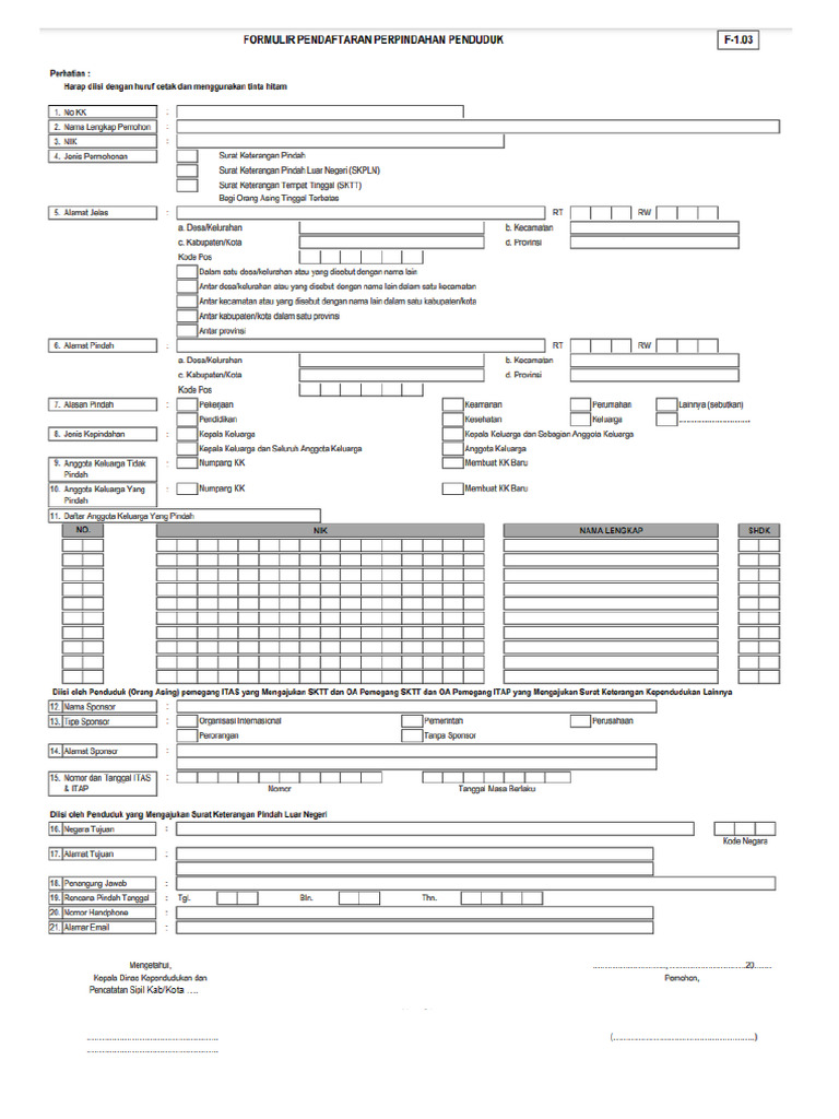 Formulir F-1.03 - Pendaftaran Perpindahan Penduduk - Kab - Karawang Jawa Barat | PDF