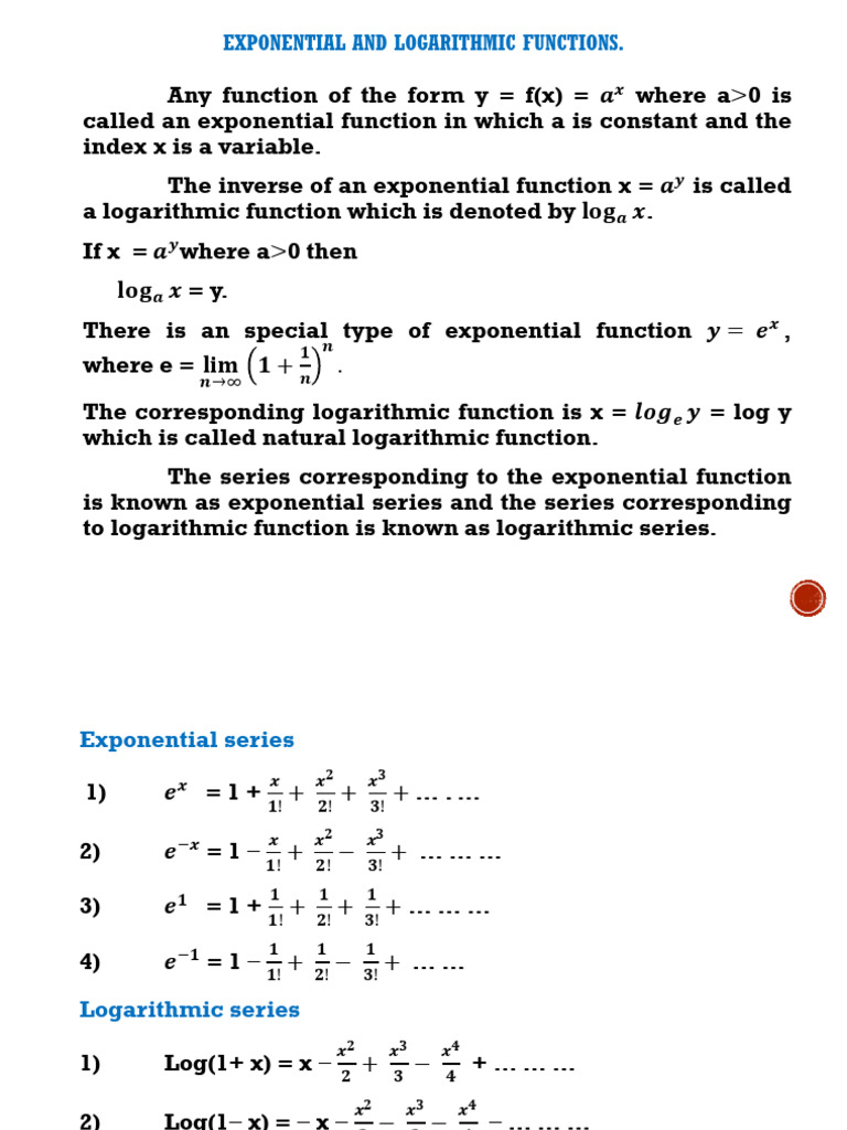 Exponential and Logarithmic Series | PDF | Logarithm | Function ...