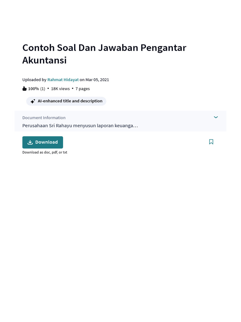Contoh Soal Dan Jawaban Pengantar Akuntansi - PDF - Pengelolaan Keuangan & Uang | PDF | Scribd ...