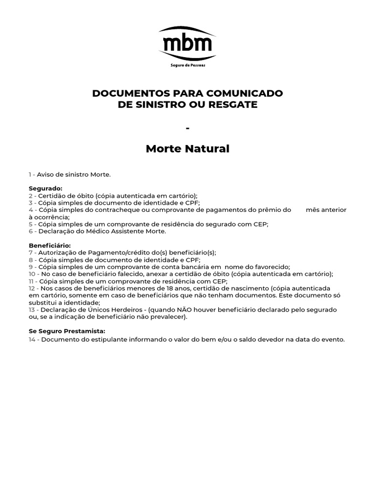 Documentos para Comunicado de Sinistro Ou Resgate Morte Natural | PDF ...