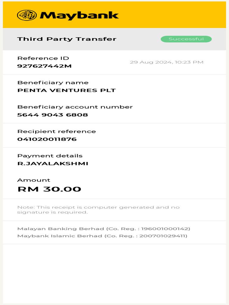 Third Party Transfer Receipt - RM 30.00 | PDF
