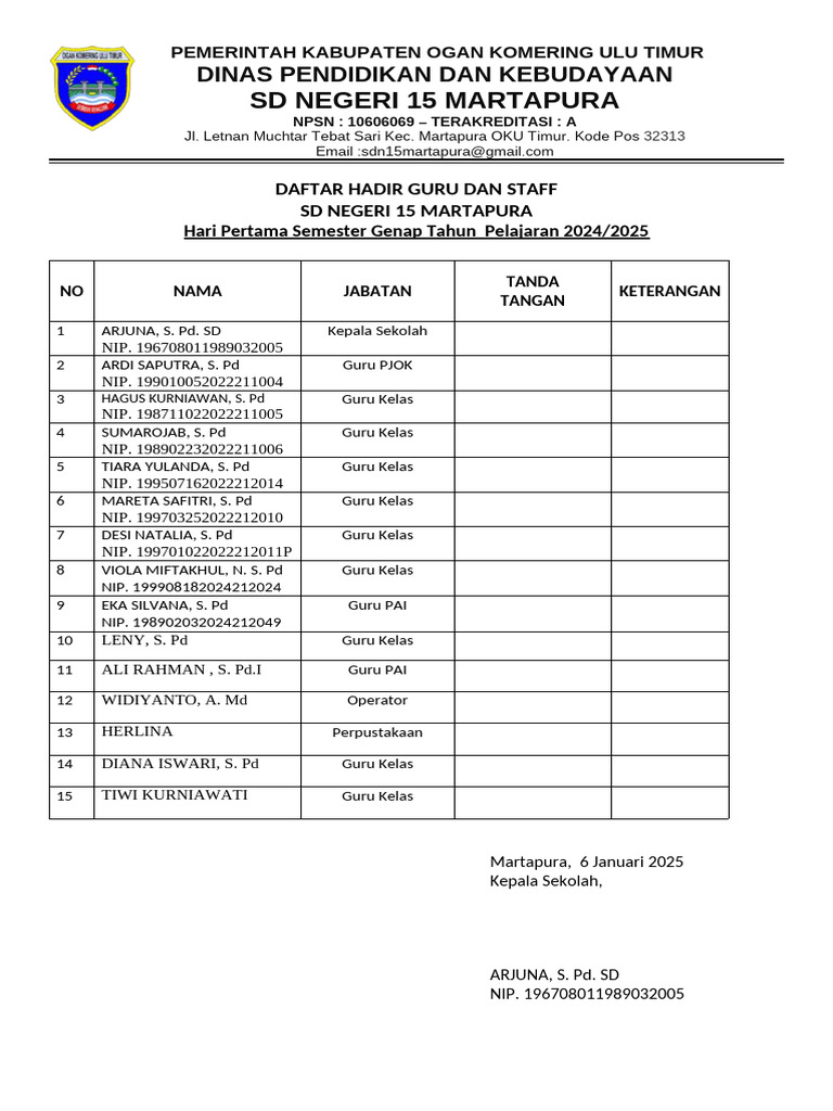 Daftar Hadir Guru Dan Staff | PDF