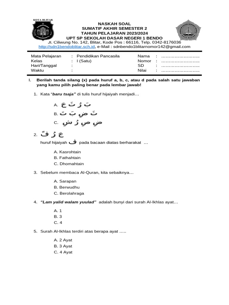 Naskah Soal Kelas 1 Sem 2 | PDF