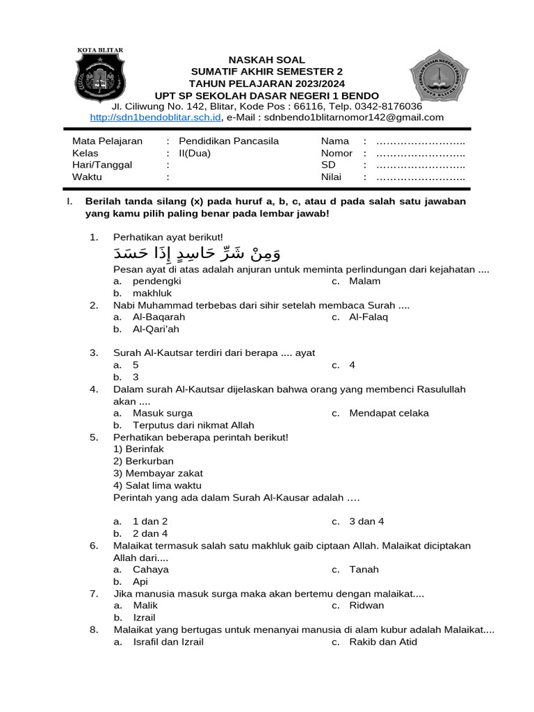 Naskah Soal Sas Kelas 2 Sem 2 | PDF