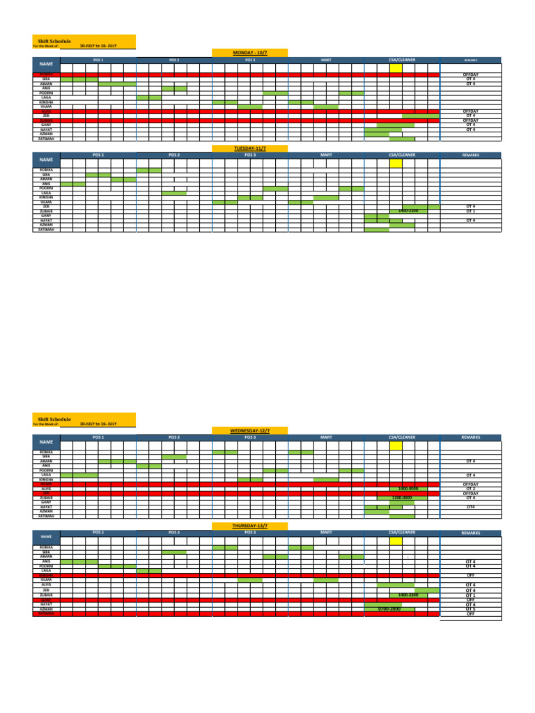 10 JULY To 16 JULY STAFF SCHEDULE - PBI | PDF