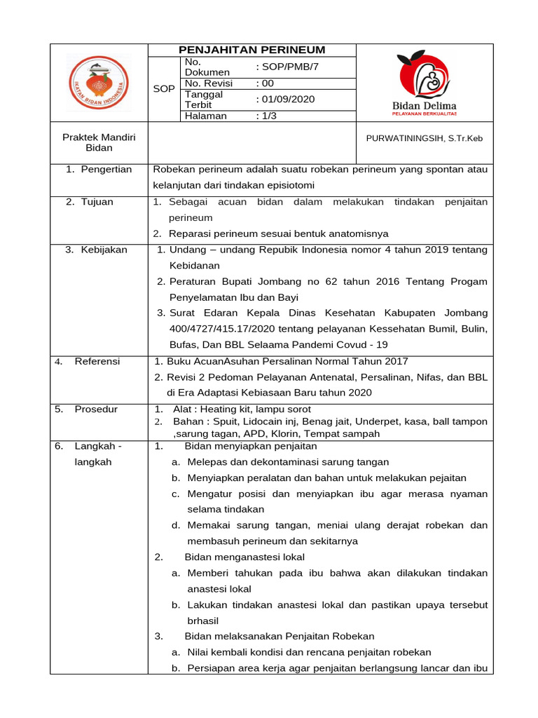 Sop PMB Penjahitan Perineum 2020 | PDF