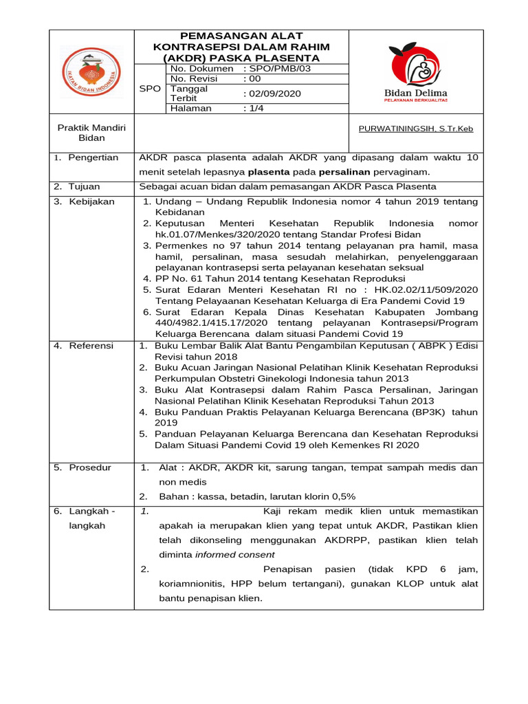 3 Sop PMB 03 Pemasangan Akdr Paska Plasenta, KB | PDF
