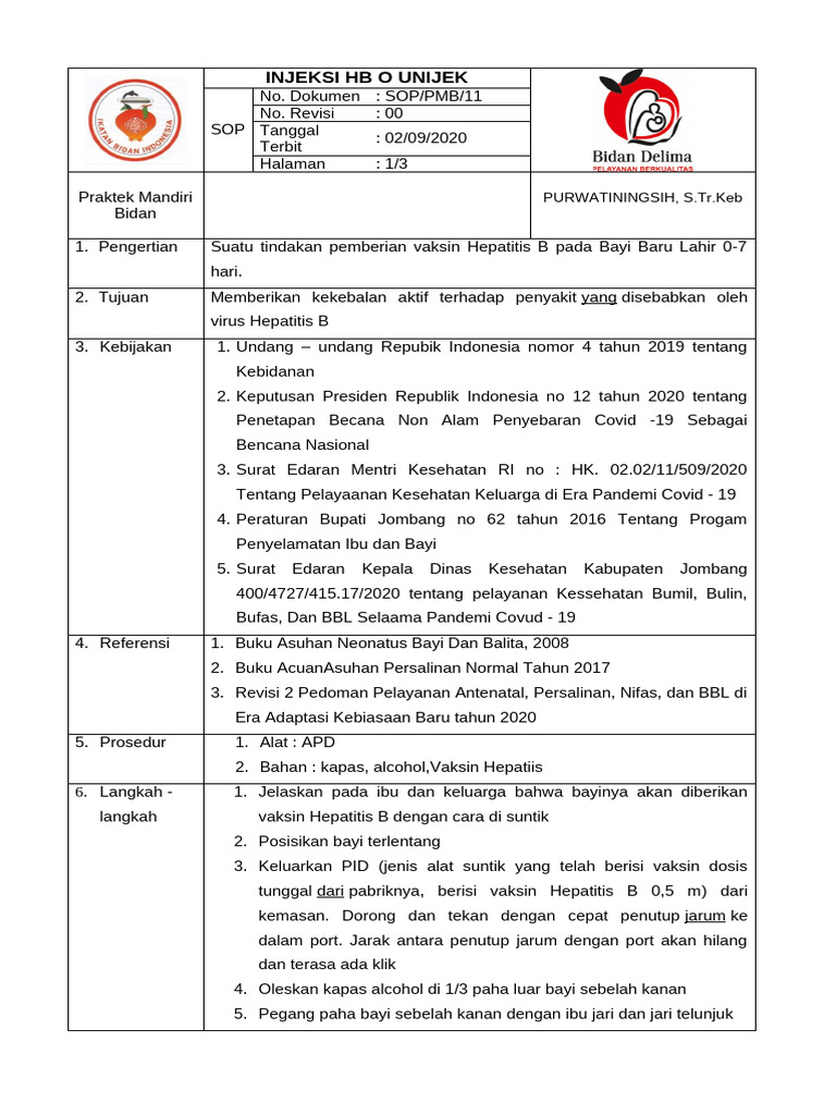 9. Sop Pmb Injeksi Hb o Unijek 2020 | PDF