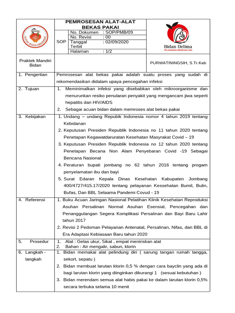 7. SOP PMB PEMROSESAN ALAT-ALAT BEKAS PAKAI 2020 | PDF