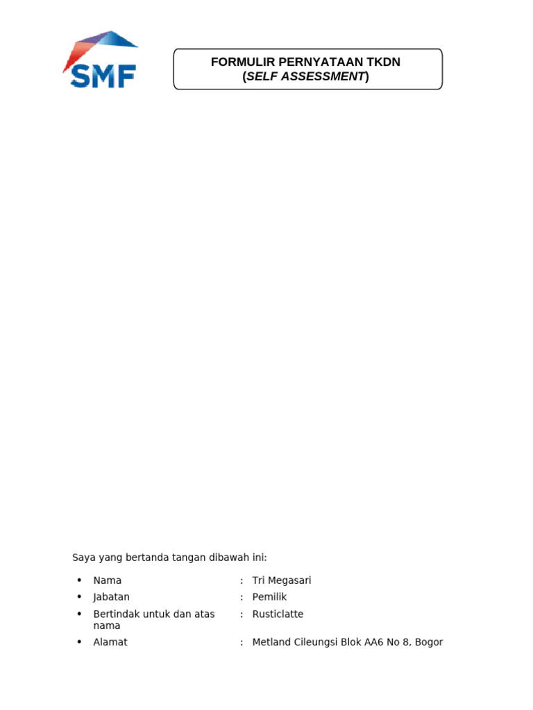Formulir Pernyataan TKDN (Self Assesment) (1) | PDF