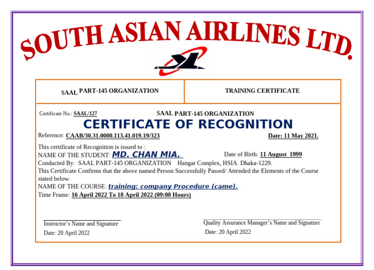 MD Chan Mia Certificate of Recognition | PDF
